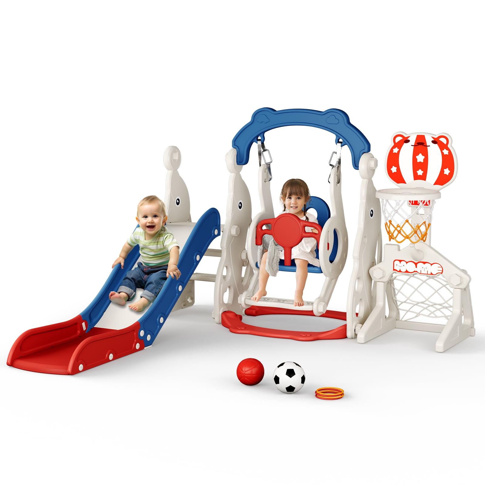 AMTPM 4-in-1 Toddler Play Slide Swing Combo with Soccer & Basketball ...