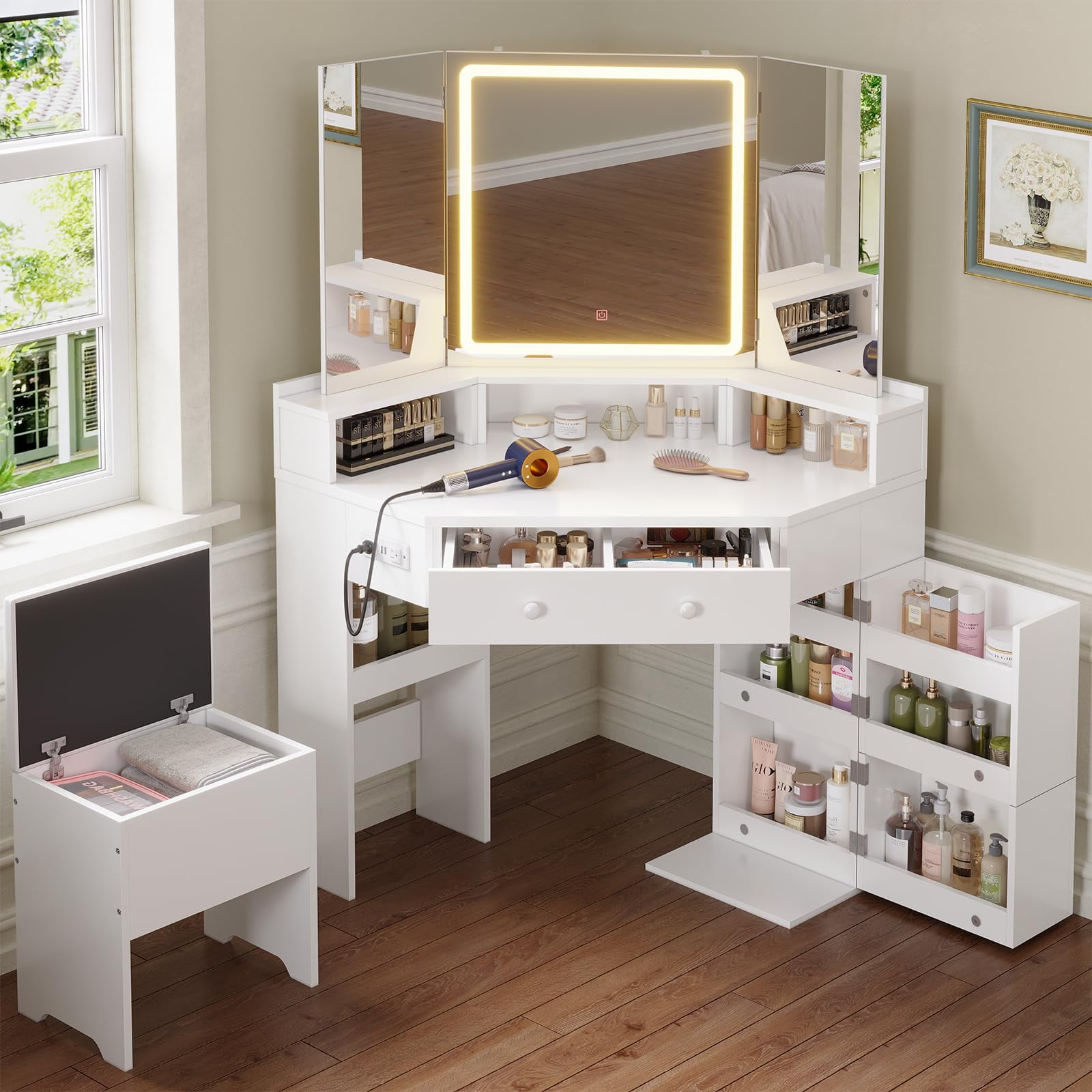 AMUZER Corner Vanity Desk with Tri-Fold Mirror and Lights, Storage ...