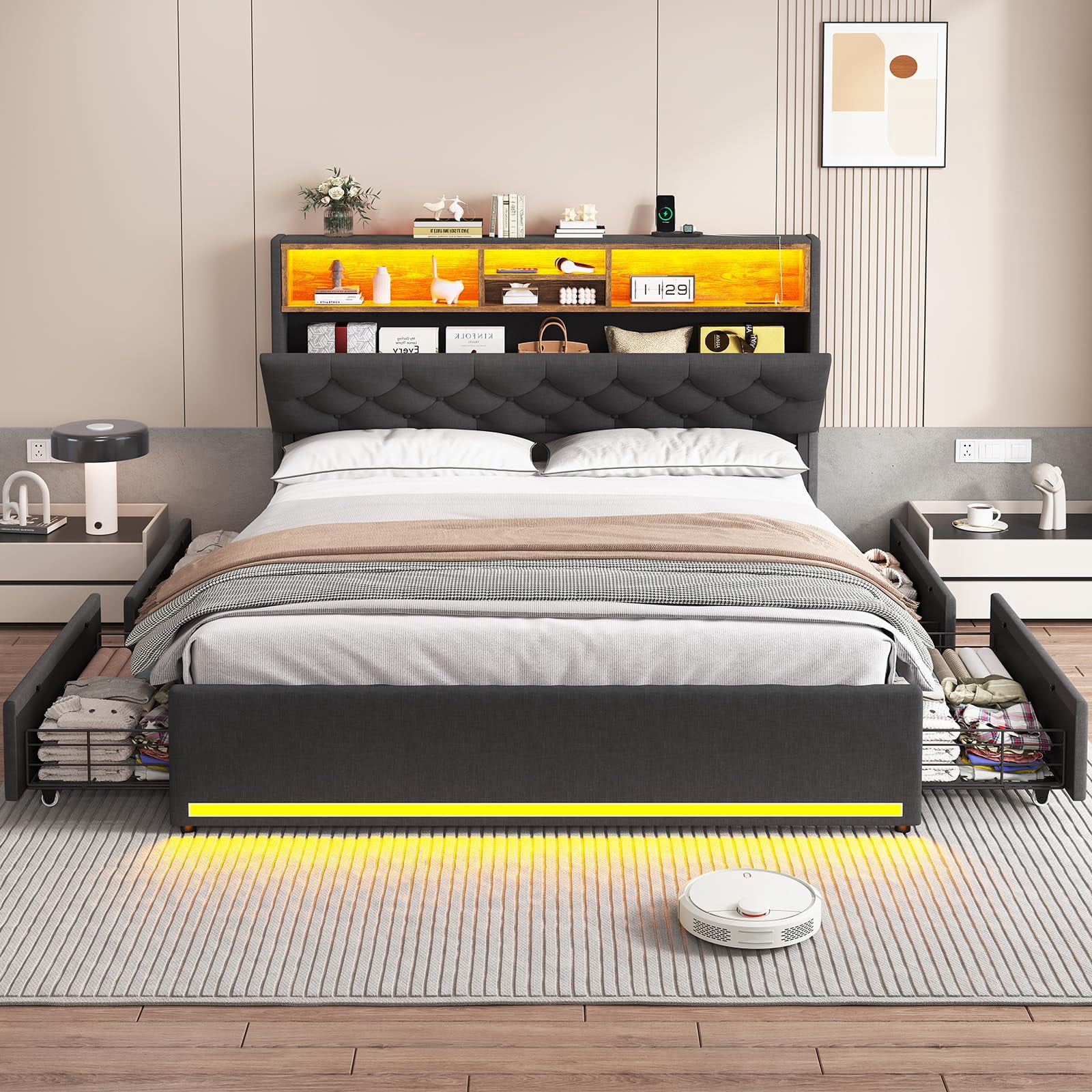 AMUZER Full Size Bed Frame with 4 Drawers & Charging Station, LED Light ...