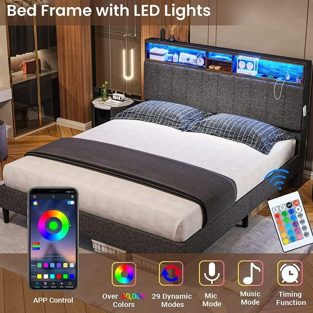 AMUZER Full Size LED Bed Frame with USB Lights, Metal Shelf, Headboard ...