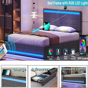 Queen Size Bed Frame LED Upholstered Platform Bed Frame with 4 Drawers ...
