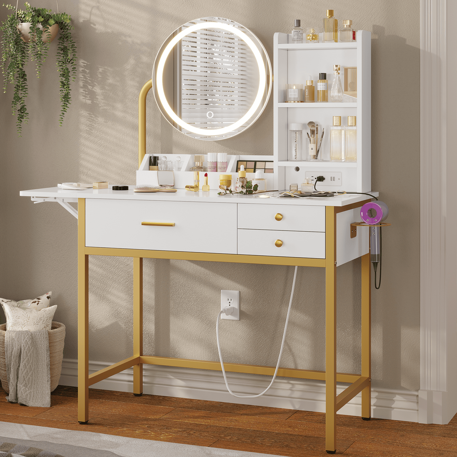 AMUZER Vanity Desk with Lights Mirror, Small Makeup Vanities with Glass ...