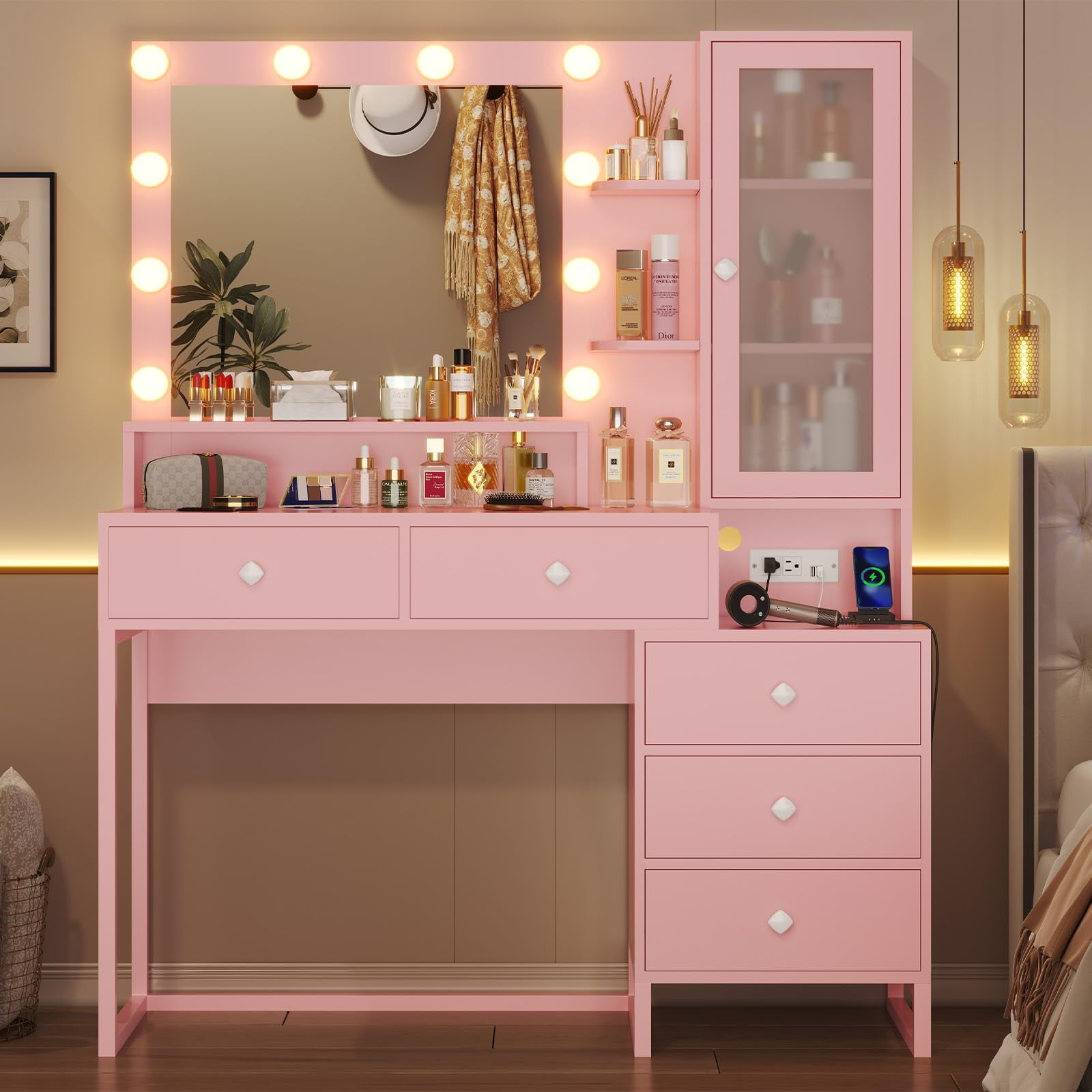 AMUZER Vanity Desk with Mirror and Lights, Makeup Vanity with Charging ...