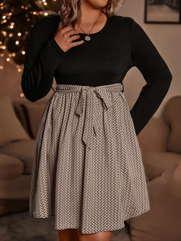 [ AMVIC ] Plus Size Colorblock A-Line Dress, Elegant Long Sleeve Belted ...