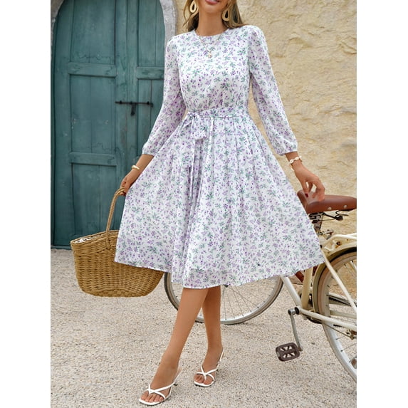 AMVIC Women Floral Print Long Dress High Waist Short Sleeve Round Neck ...