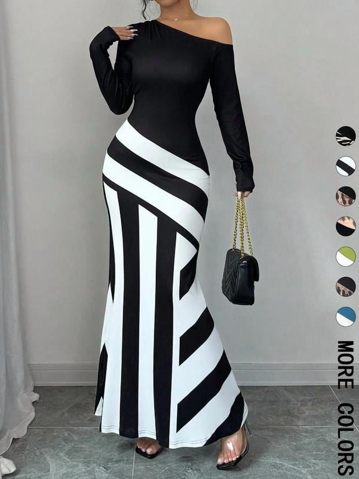 [ AMVIC ] Women's Colorblock Striped Print Asymmetrical Neck Mermaid ...