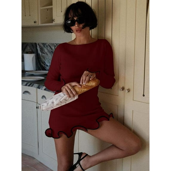 [ AMVIC ] Women's Colorblock Wave Hem A-Line Long Sleeve Knit Dress ...