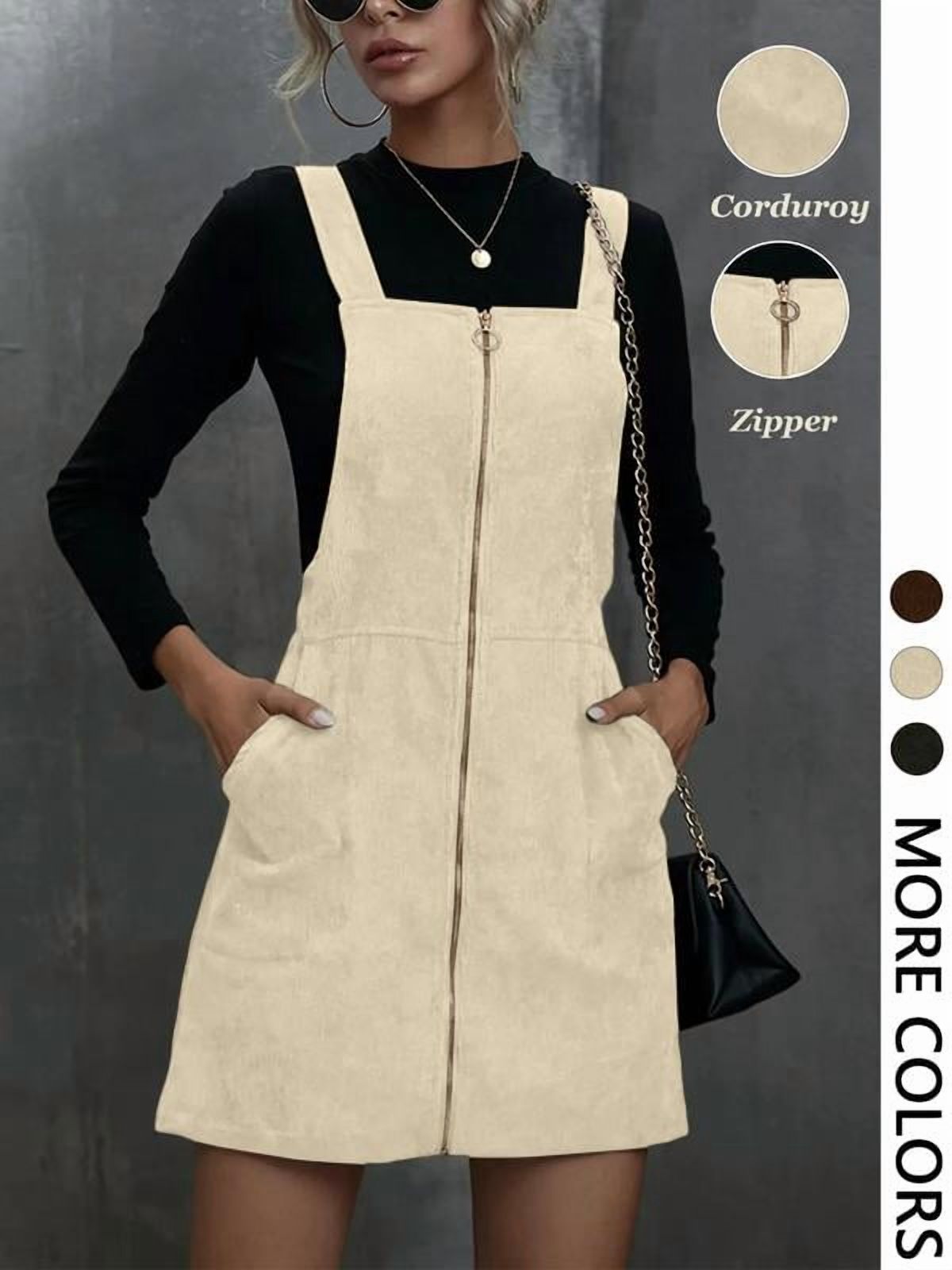 [ AMVIC ] Women's Corduroy Zipper Strap Dress, Vintage Fashion, Easy to ...