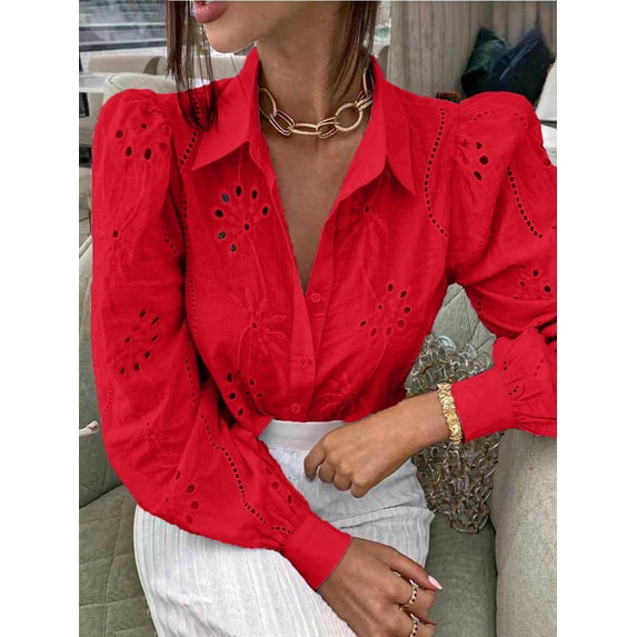 AMVIC Women’s Floral Eyelet Cardigan Top, Puff Long Sleeve Collared ...