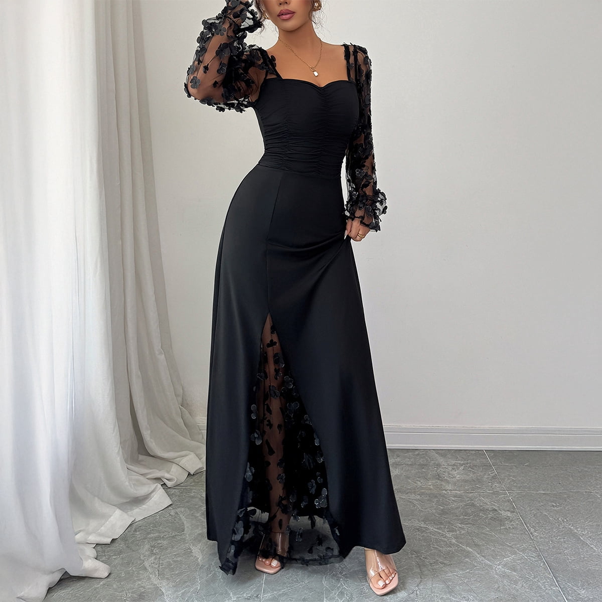 AMVIC Women's Long Sleeve Hollow Knitted Long Dress A-Line Square Neck ...