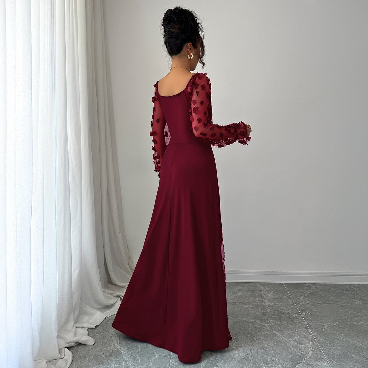 AMVIC Women's Long Sleeve Hollow Knitted Long Dress A-Line Square Neck ...