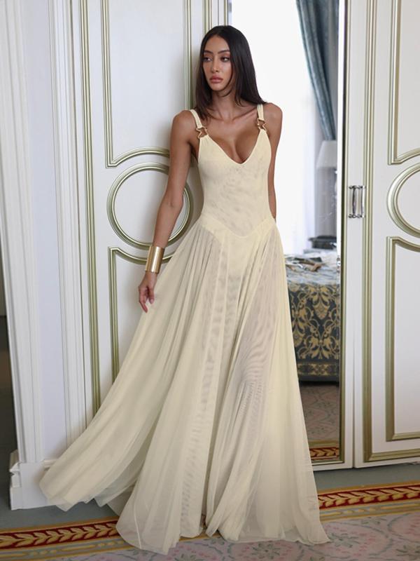 [ AMVIC ] Women's Plain Deep V Neck Tulle Cami Dress, Elegant ...