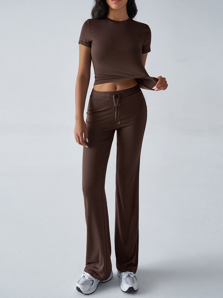 AMVIC Womens 2 Piece Knit Pants Set Elbow Sleeve Crew Neck Top And ...