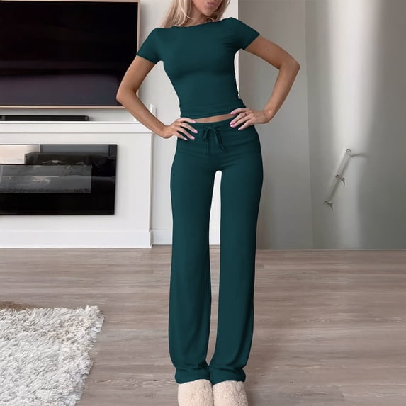 AMVIC Womens 2 Piece Knit Pants Set Elbow Sleeve Crew Neck Top And ...