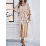 AMVIC Womens Satin Midi Dress V Neck Batwing Sleeve Adjustable Waist ...