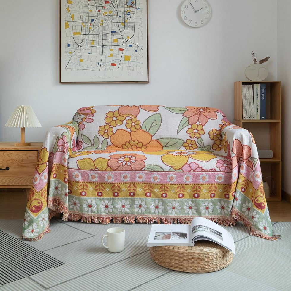 AMWAN Beige Couch Cover with Colorful Floral Pattern, Universal Cotton ...