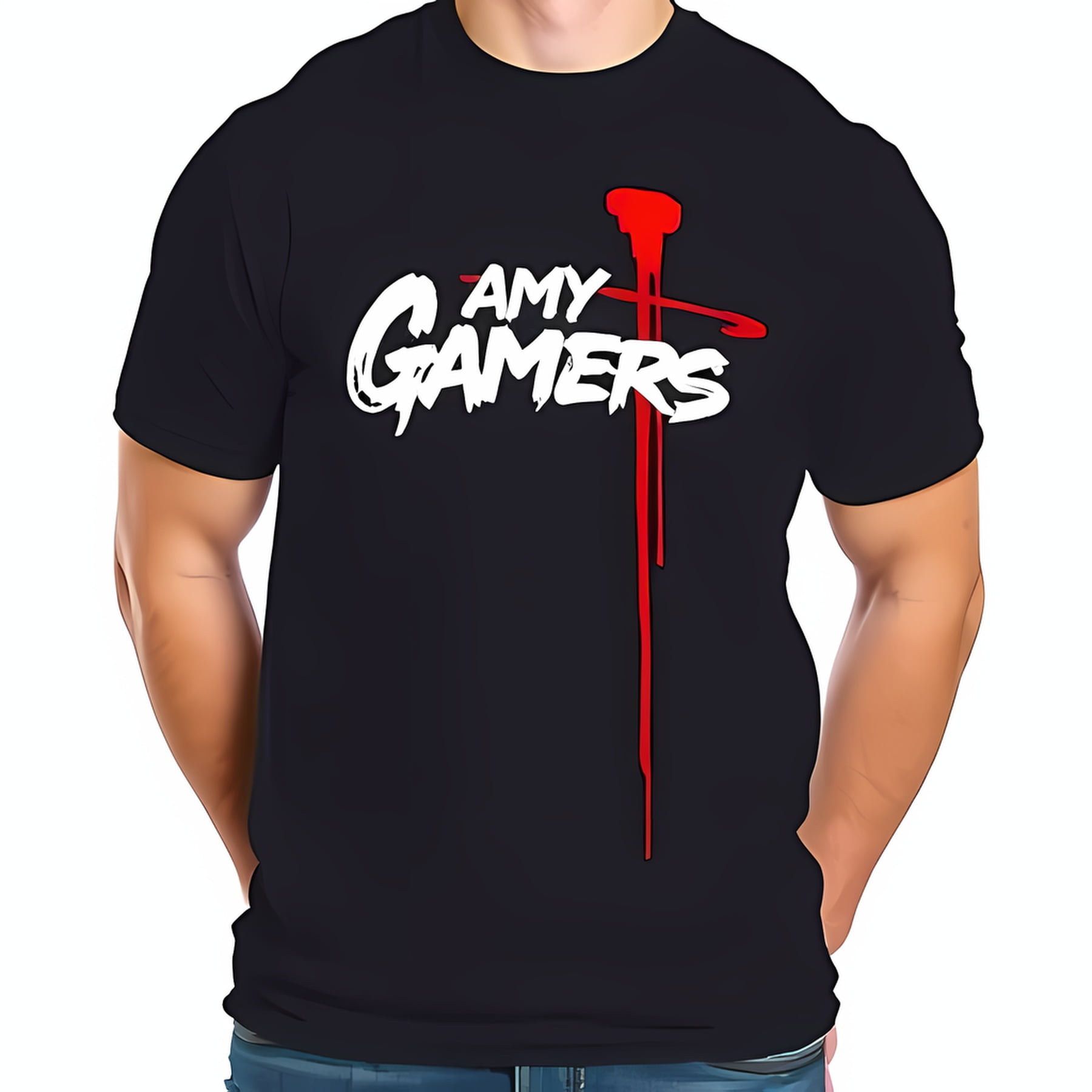 AMY GAMERS Navy Blue T-Shirt with Graffiti-Style Print and Dripping ...
