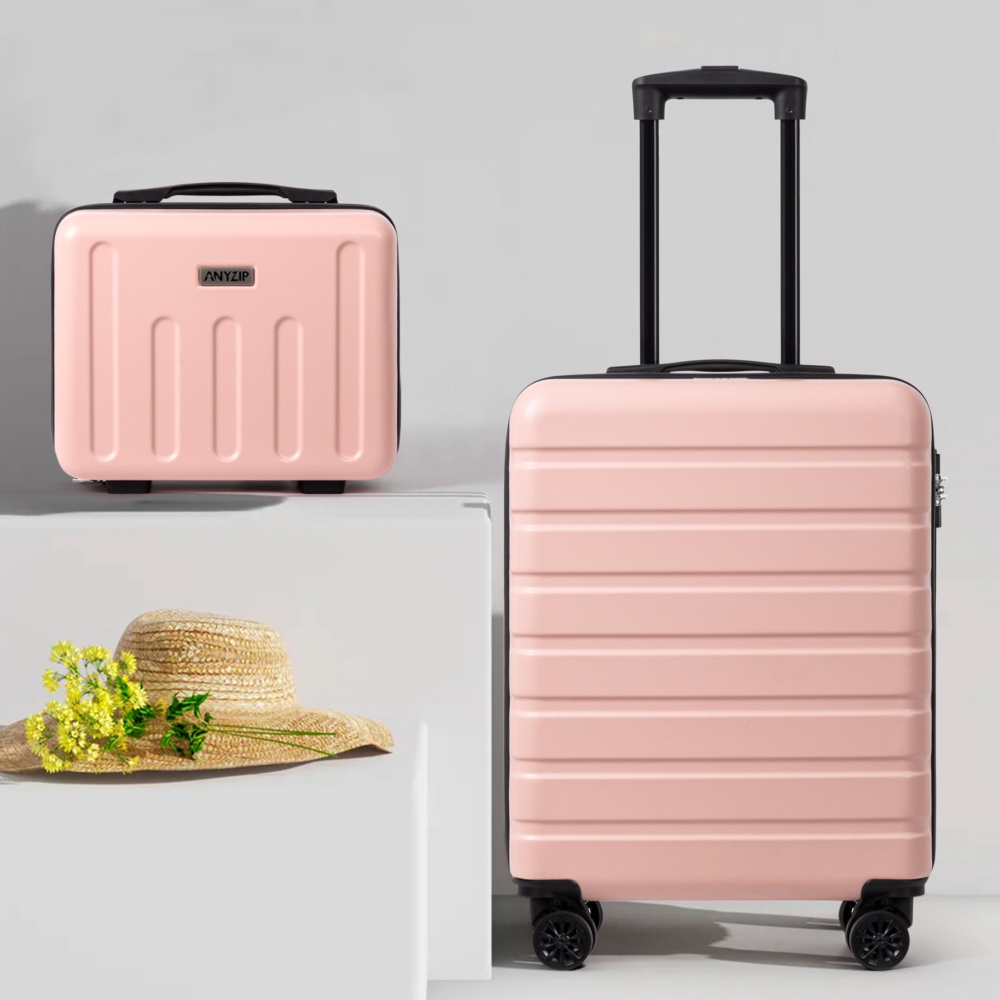 AMZFUN 21" Carry On Luggage and 14" Cosmetic Travel Case Set, Hardside PC+ABS Lightweight USB ...