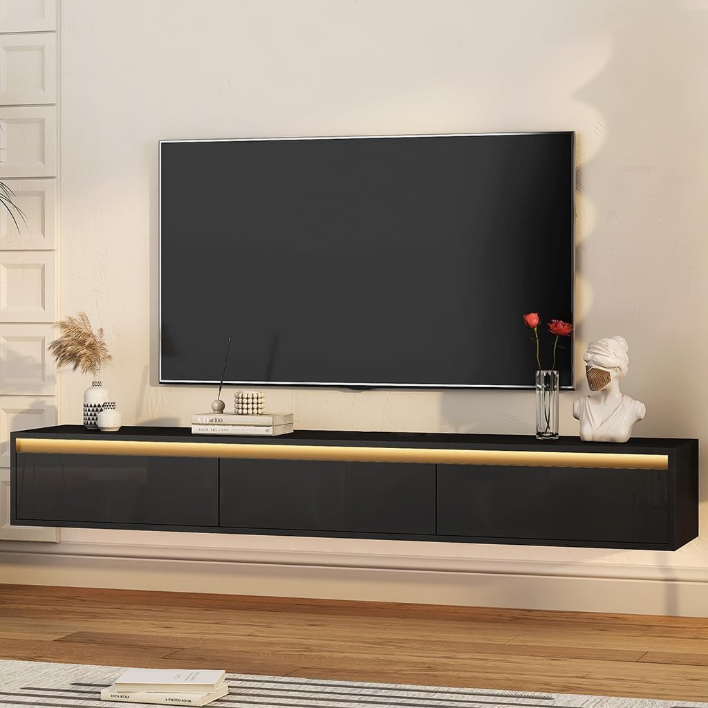AMZOSS Floating TV Stand with Power Outlet & LED Lights, 65" Modern ...