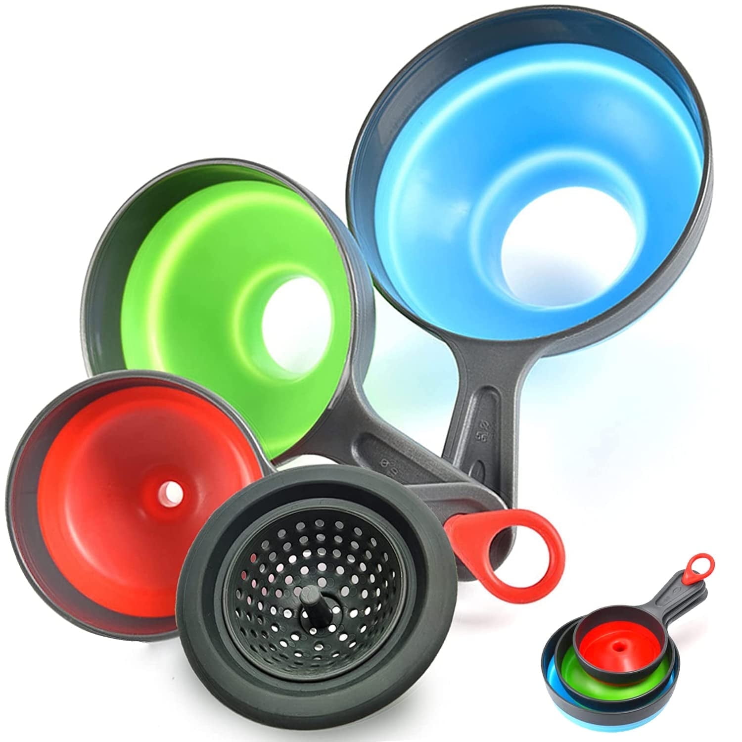 AMZVIO Canning Funnel Set 4 Pack with Strainer Food Grade Silicone Wide Mouth for Mason Jars ...