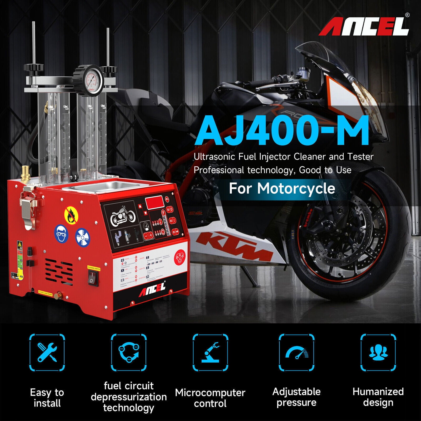 ANCEL AJ400-M Motorcycle Fuel Injector Cleaner Tester Motor Injector ...