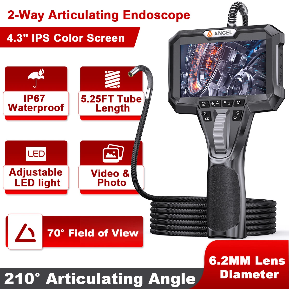 ANCEL AN301 2-Way 210° Industrial Articulating Borescope Camera with Light Endoscope 4.3" Snake ...