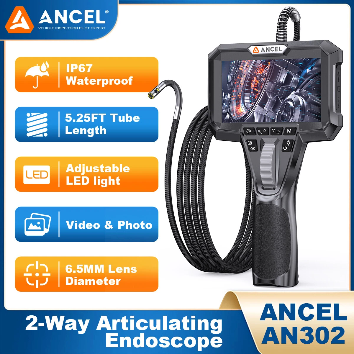 ANCEL AN302 Two-Way 210° Industrial Articulating Borescope 6.5MM Dual ...