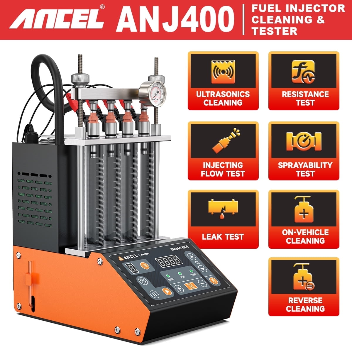 ANCEL ANJ400 4-Cylinder Automotive Fuel Injector Cleaner & Tester ...