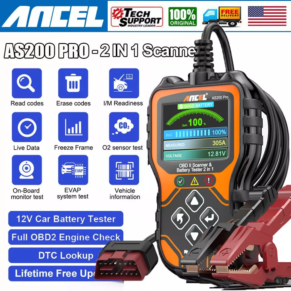 ANCEL AS200 PRO 2 in 1 OBD2 Scanner + Battery Tester, Check Engine Code ...