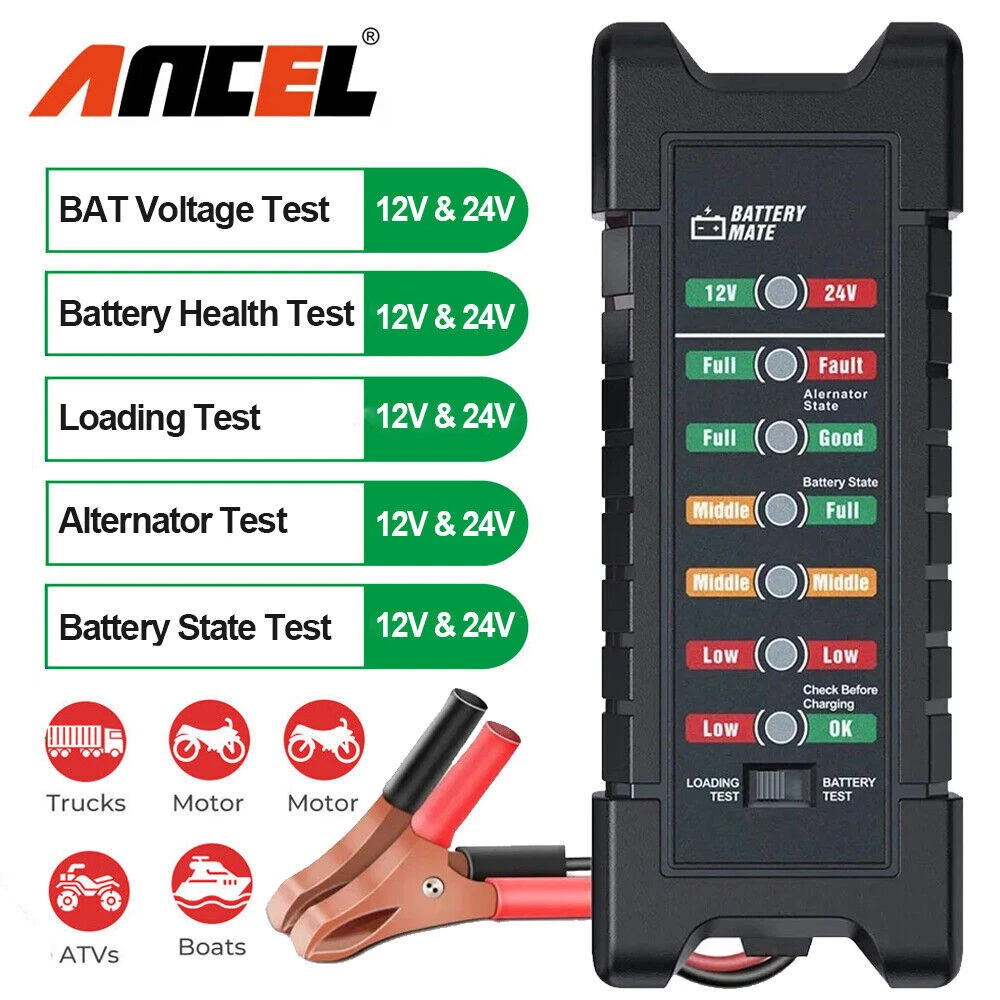 ANCEL BM410 12V 24V Battery Load Tester Analyzer, 7 LED Lights Digital ...