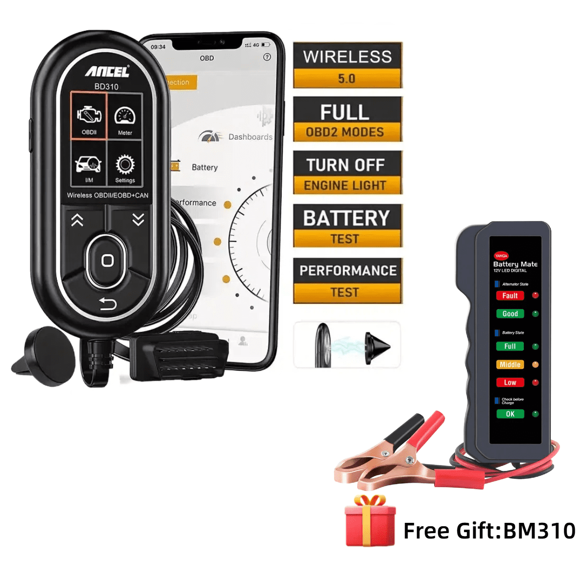 ANCEL Bluetooth OBDII Scanner 3 in 1 Gauge Diagnostic Tool Wireless Check Engine Light Code ...