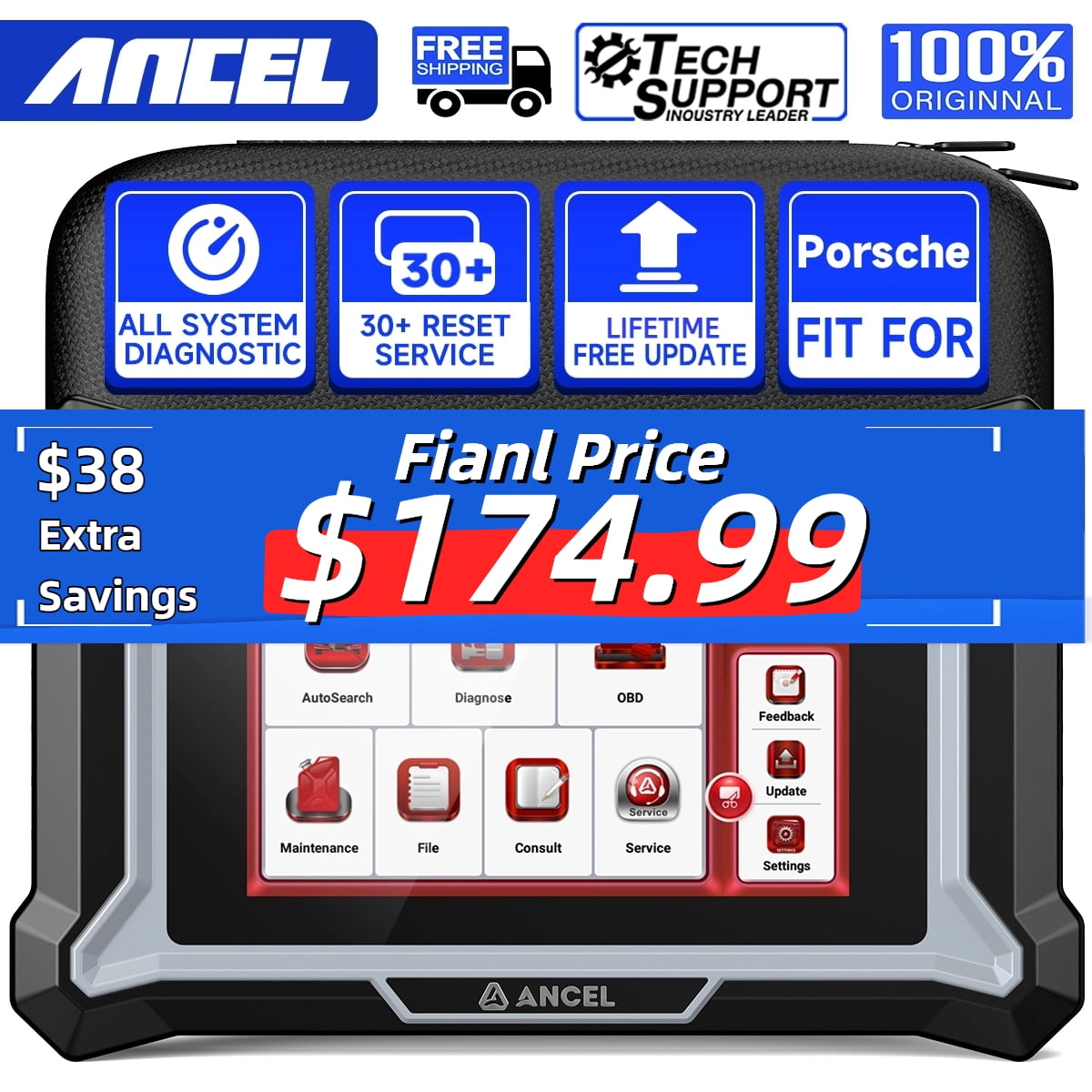 ANCEL OBD2 Scanner Diagnostic Tool for Porsche, Automotive Full System ...