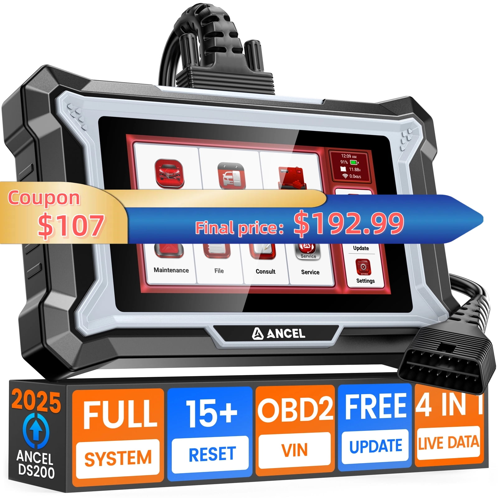 ANCEL DS200 OBD2 Scanner All Systems Car Diagnostic Scan Tool for ABS SRS Transmission ...