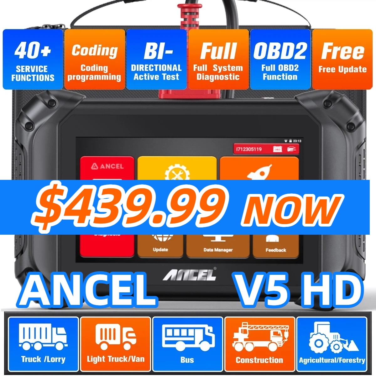ANCEL Diesel Heavy Duty Truck Scanner, Bidirectional Truck Diagnostic ...