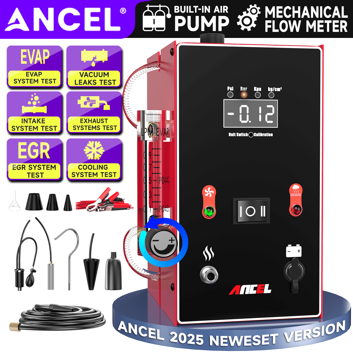 ANCEL Digital Pressure Gauge Automotive Smoke Machine with Built-in Air ...
