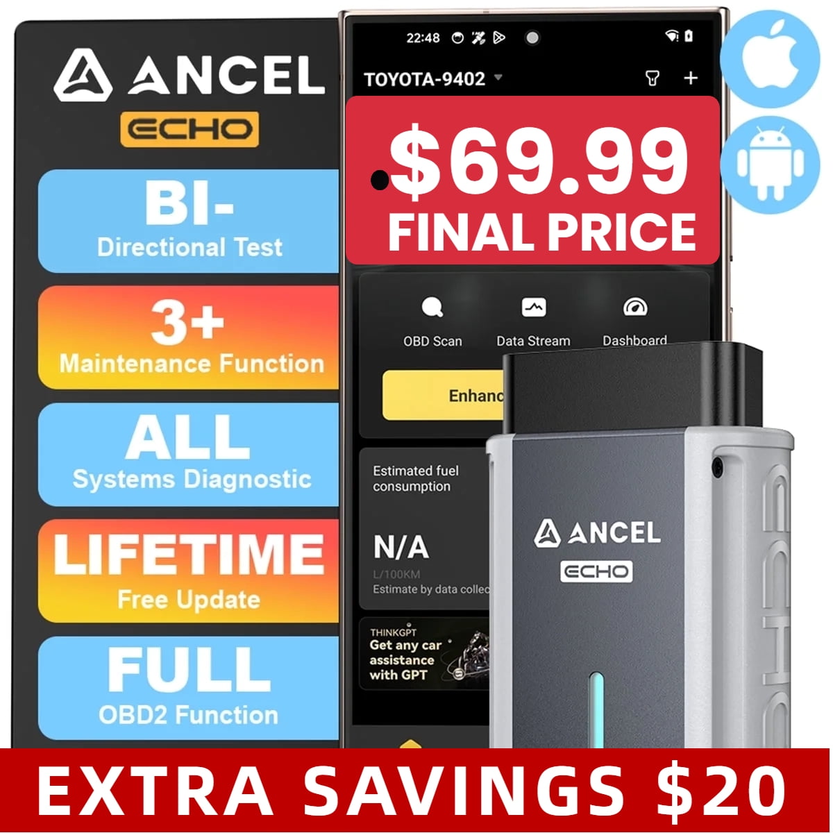 ANCEL Echo OBD2 Scanner Bluetooth - Wireless Car Diagnostic Tool for iOS & Android, Code Reader ...