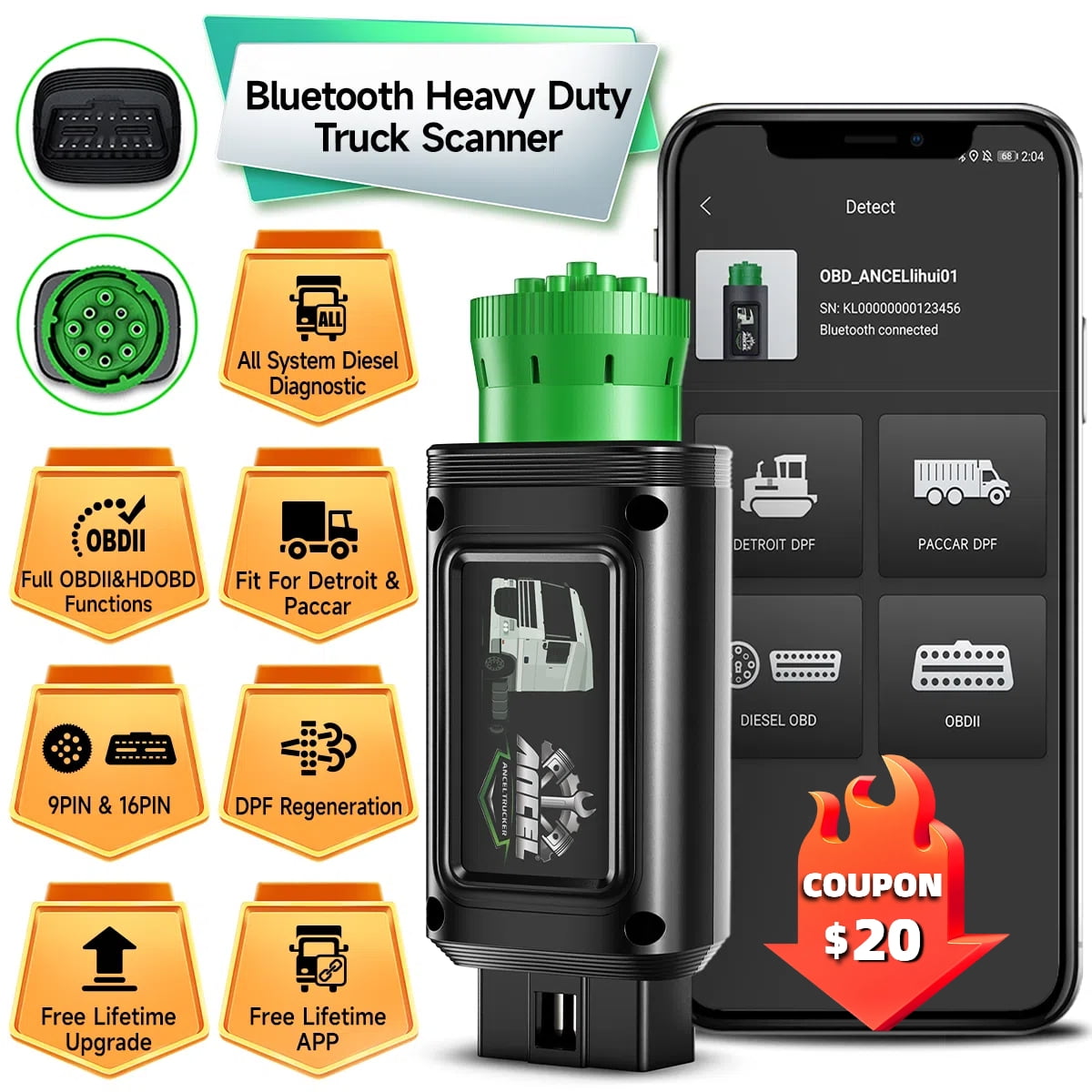 ANCEL Bluetooth HD OBD Diesel Truck Scanner Heavy Truck Full System ...