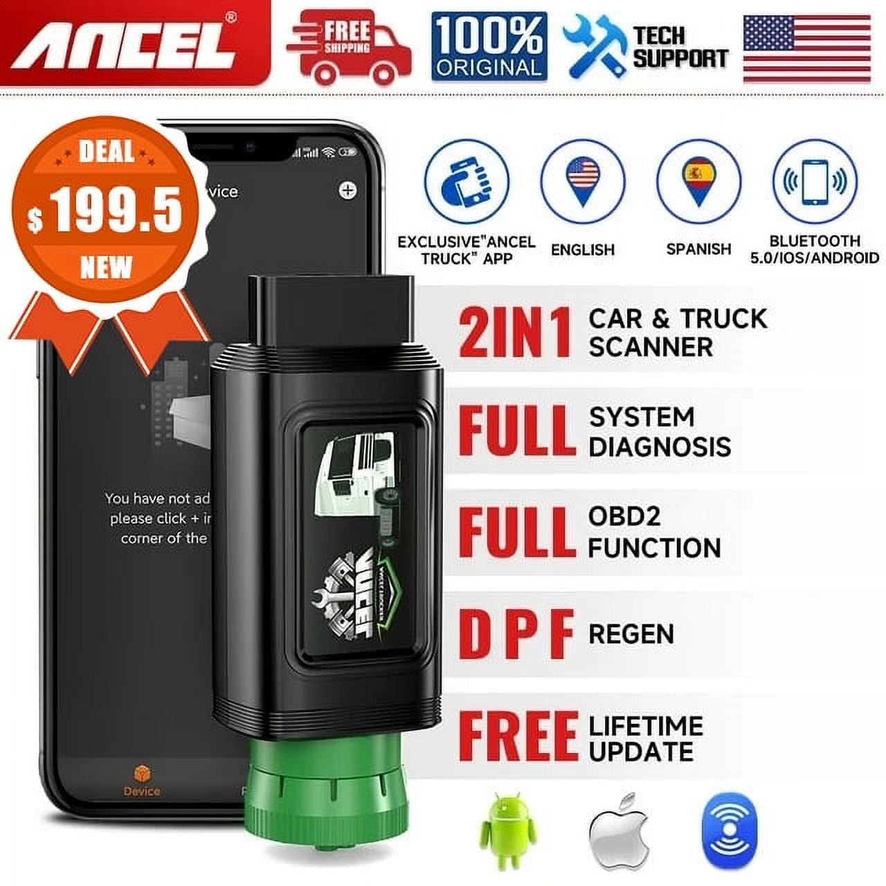 ANCEL HD120 Bluetooth Heavy Duty Truck Scanner Diagnostic Tool Code ...