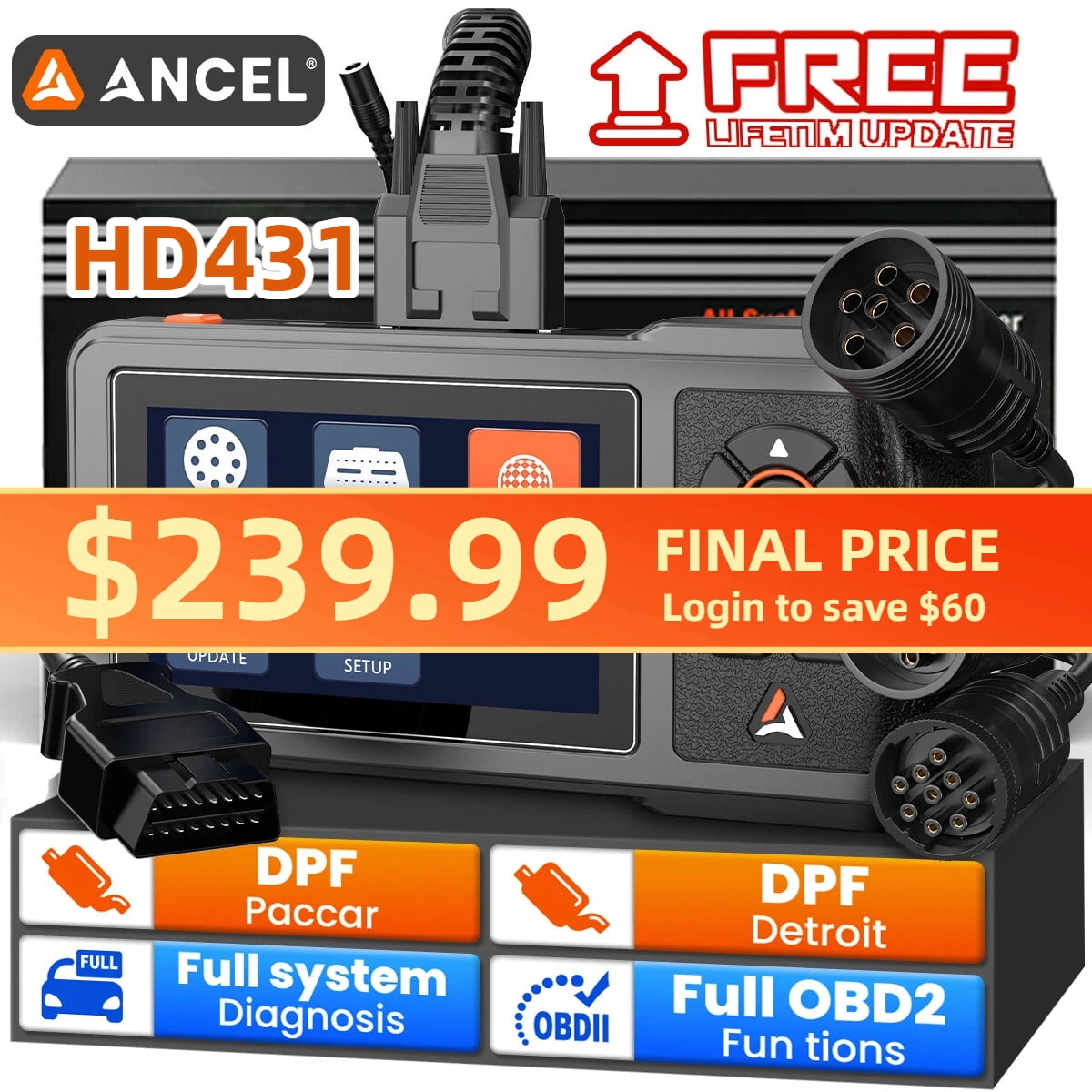 ANCEL HD431 Heavy Duty Truck Scanner, 2 in 1 Diesel Diagnostic Scan ...