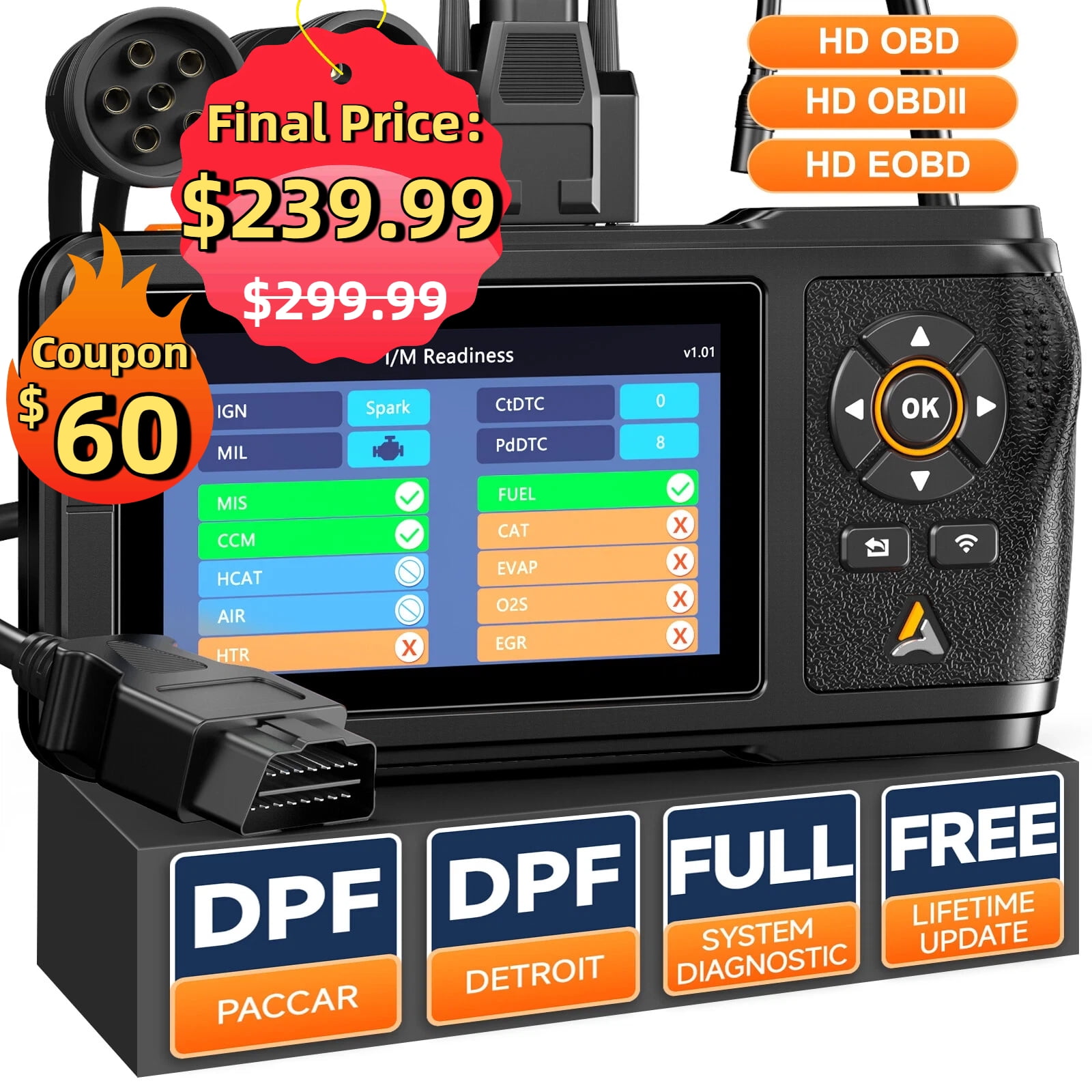 ANCEL HD431 Heavy Duty Truck Scanner Diesel Diagnostic Scan Tool, DPF ...
