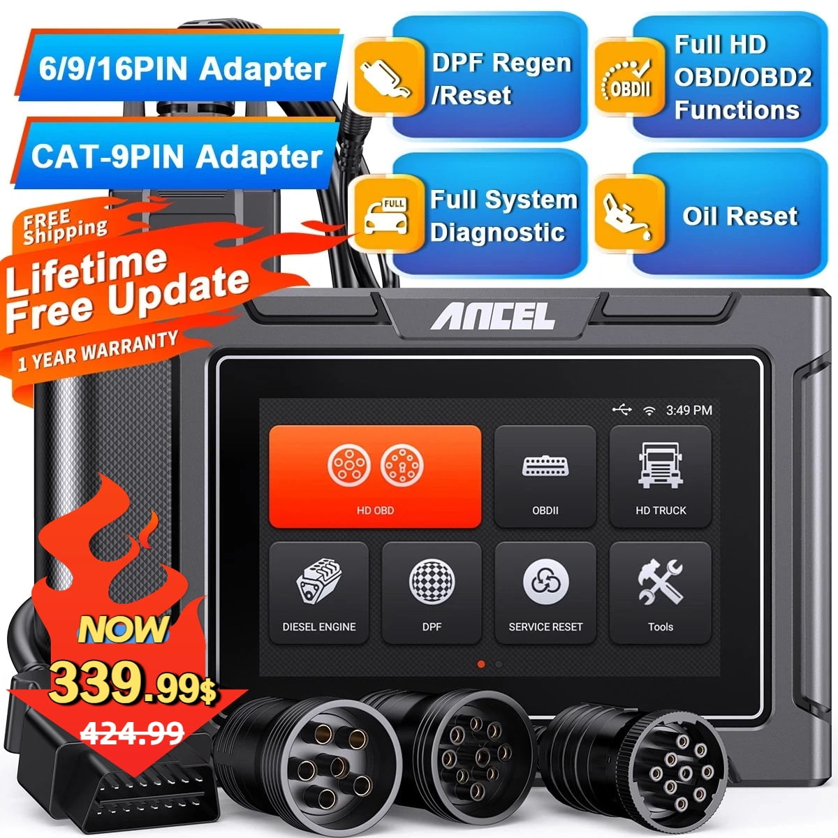 ANCEL Heavy Duty Truck Scanner DPF Regen Diesel Code Reader Diagnostic ...