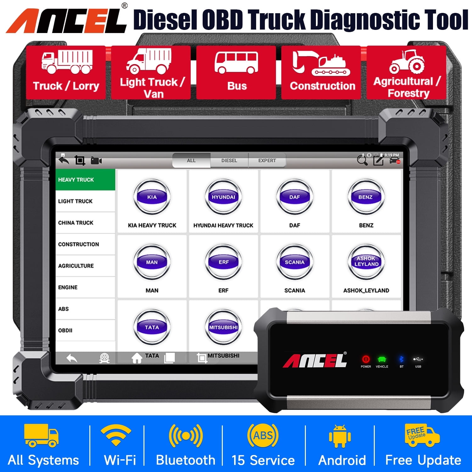 ANCEL Heavy Duty Truck Scanner, Wireless Bidirectional Diesel Scan Tool ...