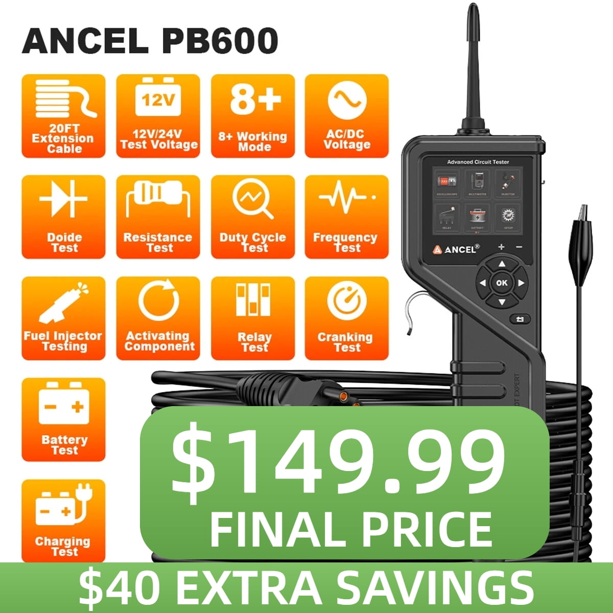 ANCEL PB600 Automotive Power Circuit Probe Kit, Fuel Injector & Battery ...