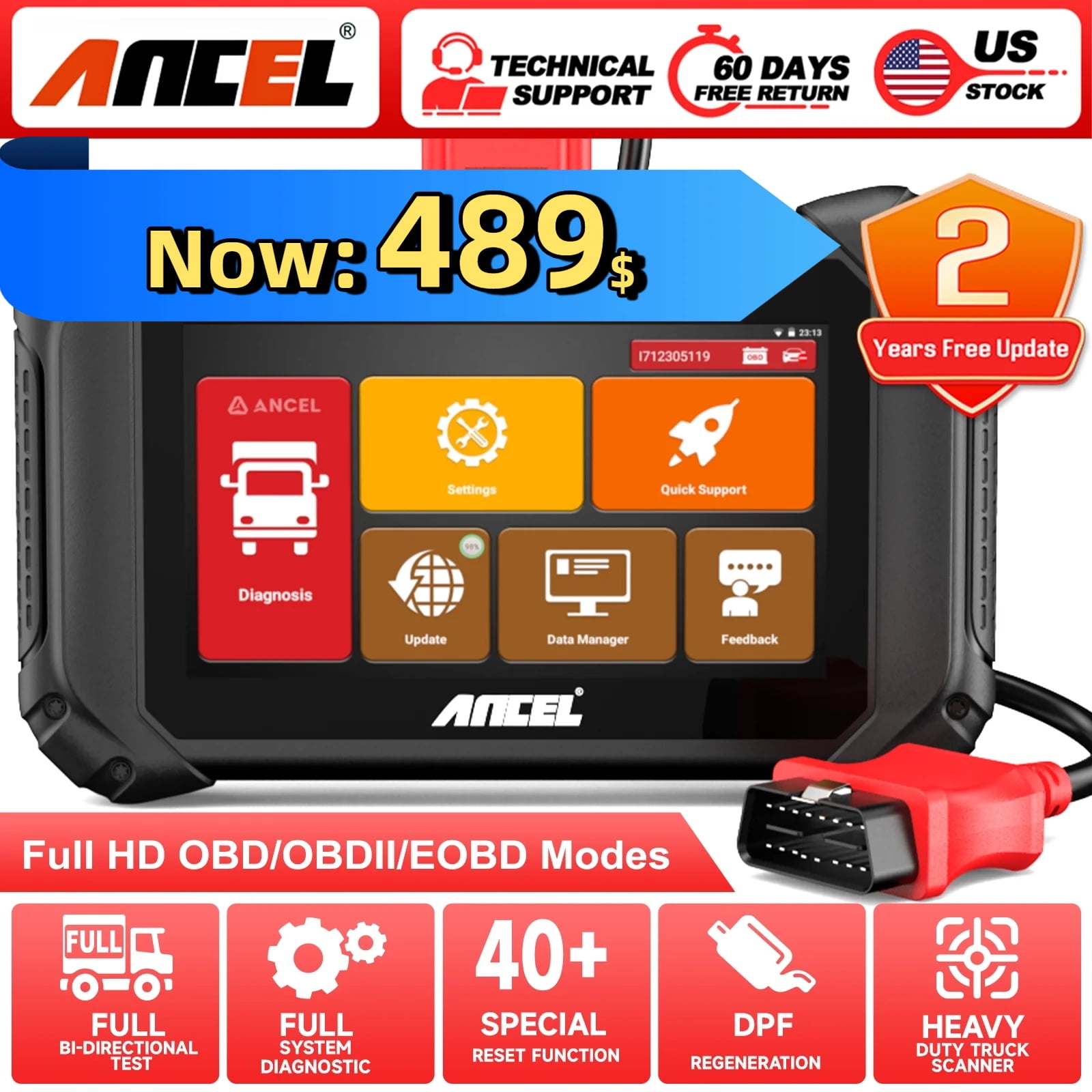 ANCEL V5 HD Heavy Duty Truck Scanner, Bidirectional Diesel Diagnostic Scan Tool, 40+ Resets Full ...