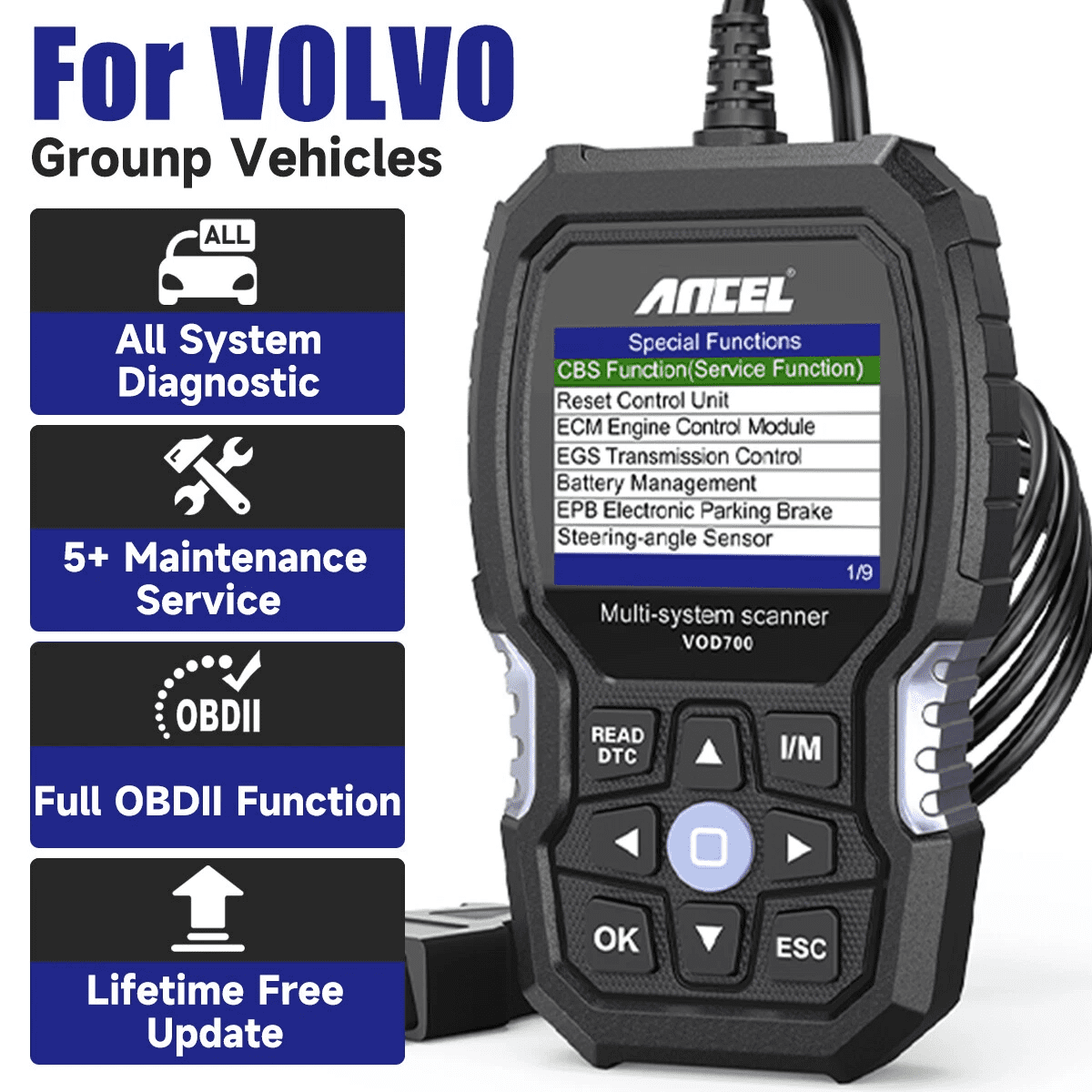 ANCEL VOD700 OBD2 Scanner Fits for Volvo All System Diagnostic Scan ...