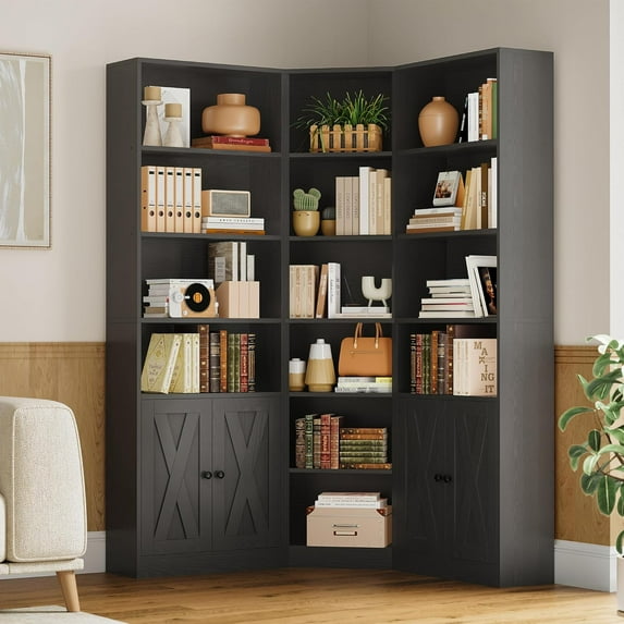 ANCTOR 7 Tiers Corner Bookcase with Doors and 2 Storage Cabinets, Large ...