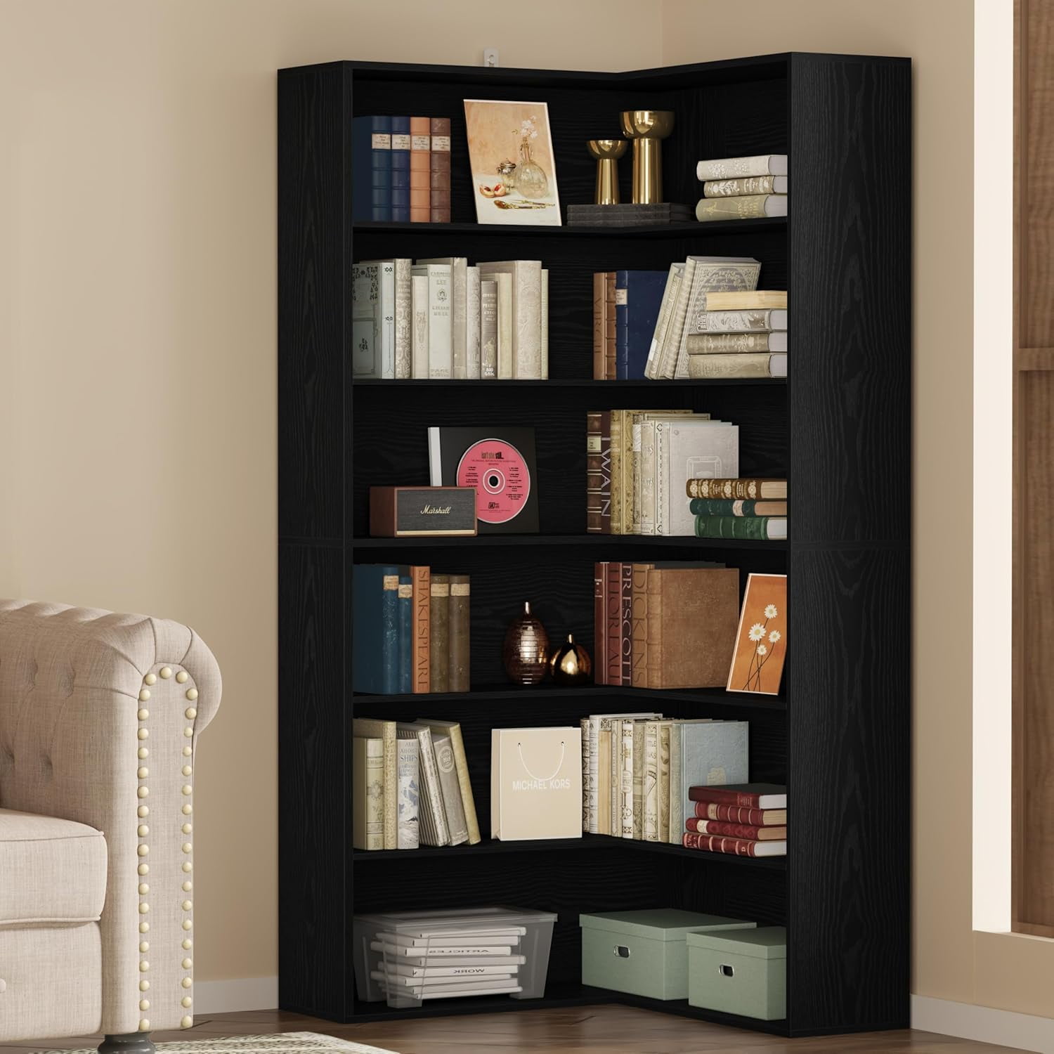 ANCTOR Corner Bookshelf, 6 Tiers Corner Bookcases with Baffles Etagere ...