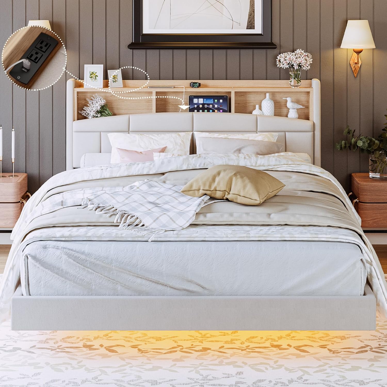 ANCTOR Floating King Bed Frame with Charging Station, Tall Bookcase ...