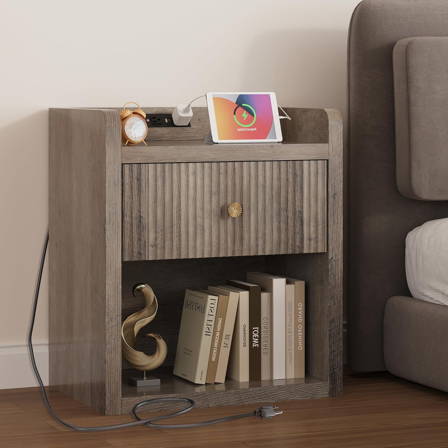 ANCTOR Fluted Nightstand with Charging Station, 26.4" Tall Bedside ...