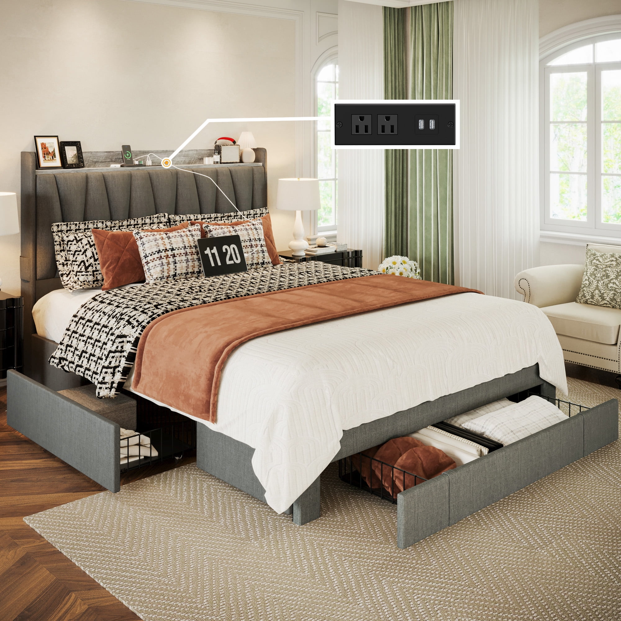 ANCTOR Full Size Platform Bed Frame with Upholstered Storage Headboard ...